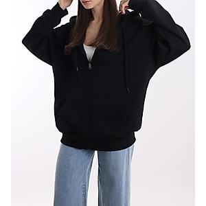 TOMLALEL Women's Active Zip Up Hoodie, Oversized Loose Casual Jacket, Comfortable Long Sleeve with Pockets Zipper Drawstring (Medium, Oversized_Black)