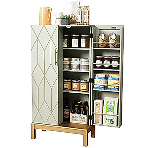 HOLTICO 45'' Kitchen Pantry Cabinet,Storage Cabinet with Doors and Adjustable Shelves,Food Pantry Cabinet for Kitchen,Dining Room,Living Room and Garage,Gold Lines and Legs,Green Cabinet.