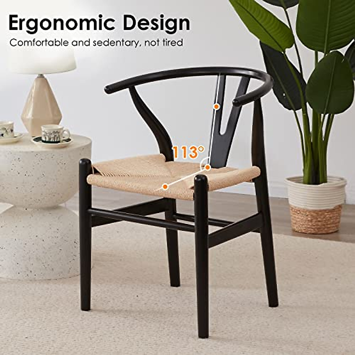 Farini Wishbone Chairs for Dining Room Solid Wood Rattan Chair Armchairs Y Shaped Backrest Hemp Seat for Home Restaurant Fully-Assembled(Set of 2,Black-Beige Seat)