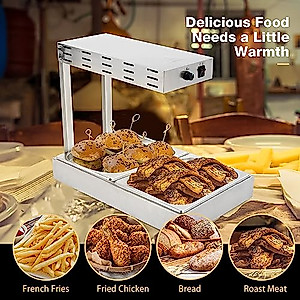 Restlrious French Fry Warmer Commercial Heat Lamp Food Warmer, Free Standing Electric Infrared Heating Dump Station, 500W Stainless Steel Food Warming Light w/2 Half Size Food Pan for Fries 4” Deep