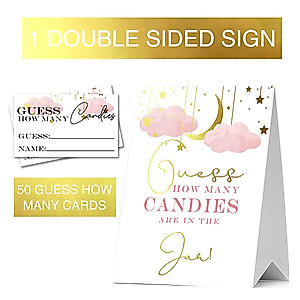 Guess How Many Candies Baby Shower Games, Pack of 1 Logo and 50 Cards, Golden Star and Moon, Pink Cloud, Baby Shower Signs, Baby Shower Invitation Set, Bridal Shower Sign, Gender Reveal - JRM309