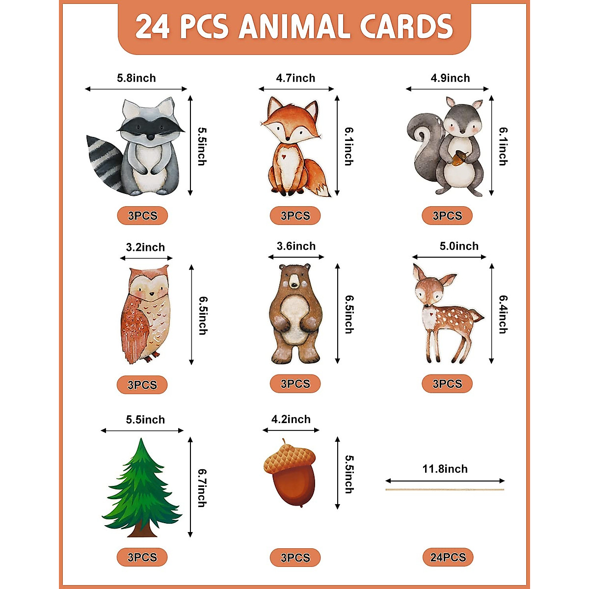 yuuzue 24pcs Woodland Animals Cake Topper, Baby Shower Decorations, Double-Sided Printed Forest Friends Centerpiece Sticks for Wild One Camping Party Supplies