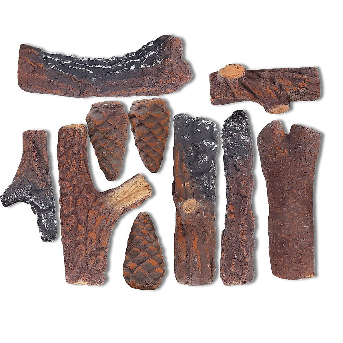 10pcs Ceramic Log Set for Gas Fireplace, Small Fake Wood Logs Set, Gas Fireplace Logs Decoration for Propane, Gas, Gas Inserts, Gel, Ethanol, Electric, Indoor, Outdoor, Fire Pits