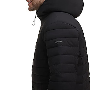 Calvin Klein Men's Hooded Down Jacket Quilted Coat Sherpa Lined, Black Stretch, Medium