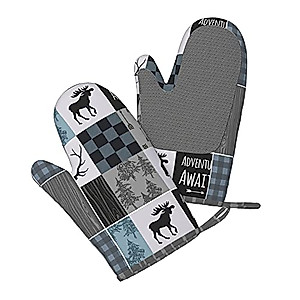 Boulda Oven Mitts Cabin Moose Oven Mitts with Non-Slip Silicone Heat Resistant Oven Gloves Soft Cotton Lining Waterproof Pot Holders for Kitchen Cooking Baking Grilling Decoration