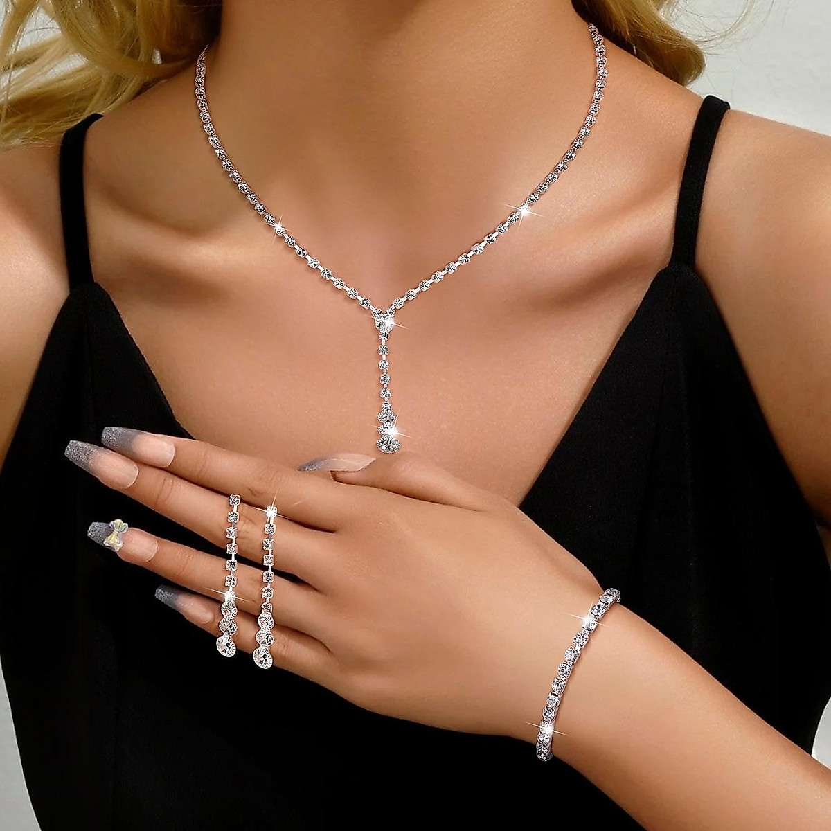 Jstyle Silver Bridal Wedding Jewelry Set Crystal Necklace Bracelet Dangle Earrings Set for Bride Bridesmaid Rhinestone Necklace Prom Costume Jewelry Set Accessories for Women (Set of 3) 1