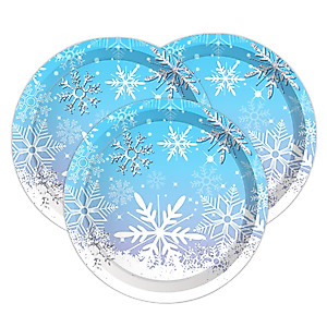 ipalmay Snowflake Party Plates Serves 24, Winter Snow Themed Disposable Paper Plates for Christmas, Holiday Celebration, Baby Shower, Wedding, Bridal Shower, New Year Blue White Party Supply