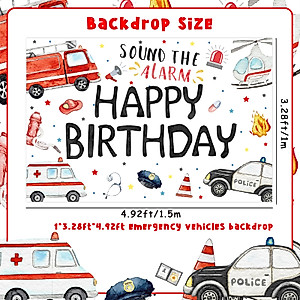 Wonmelody Emergency Birthday Decorations Backdrop Happy Birthday Sound the Alarm Backdrop Banner Rescue Vehicle Birthday Party Supply Team Rescue Backdrop First Responder Transportation Party