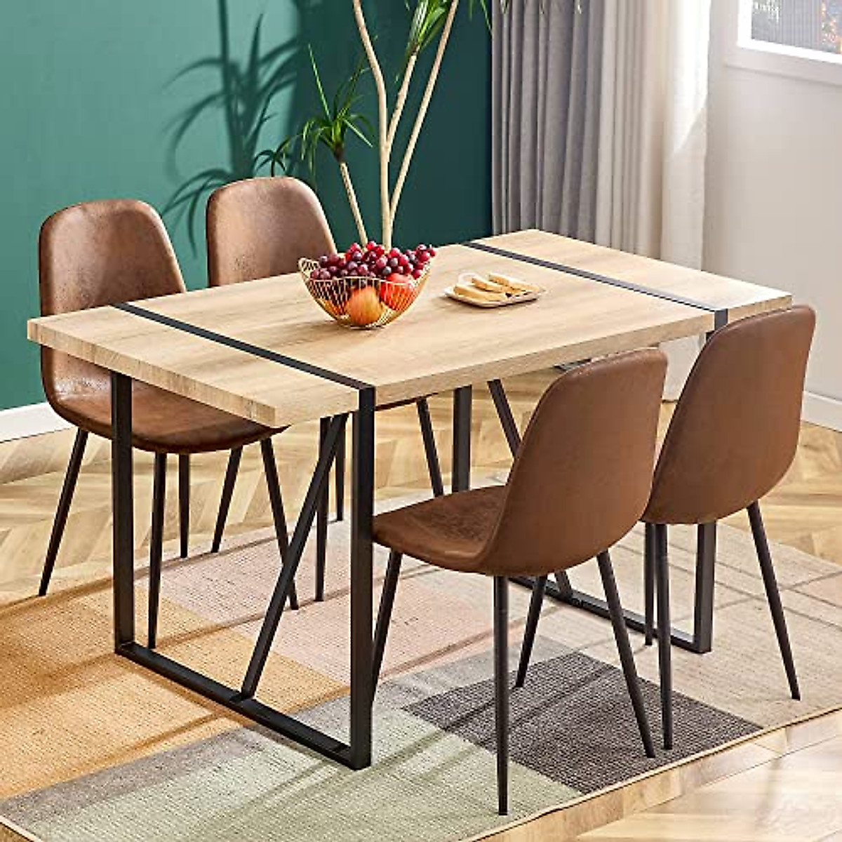 Yoluckea 5 Piece Dining Table Set, Modern Farmhouse Wood Dining Table with 4 Dining Chairs Set, Rectangular Kitchen Table Upholstered Fabric Side Chairs, 55.1" W x 31.4" D x 29.9" H