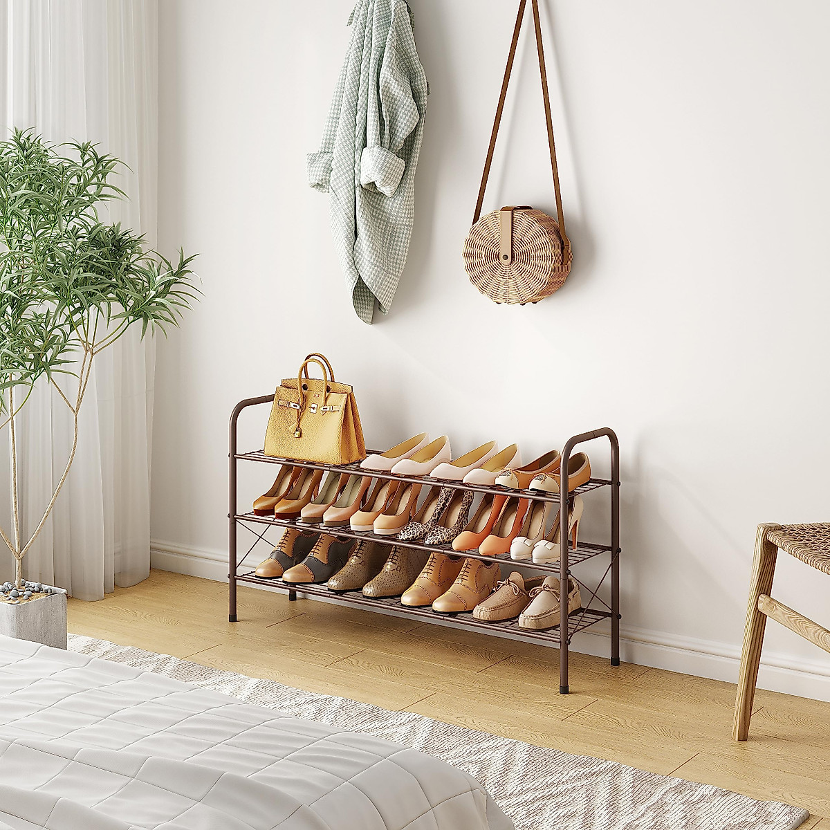 Hoctieon 3 Tier Durable Mesh Style Shoe Rack, Entryway Shoe Shelf, Shoe Rack FreeStanding, Shoe Storage Organizer, Shoe Rack for Closet, Brown