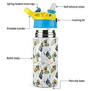 Construction Vehicles Pattern Water Bottle Stainless Steel Water Cup Coffee Mug with Straw for Home Sports Travel Blue-Style