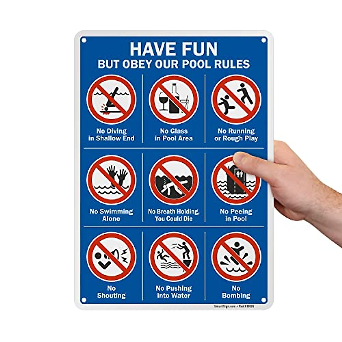 SmartSign 14 x 10 inch “Have Fun But Obey Our Pool Rules” Swimming Pool Metal Sign with Symbols, Screen Printed, 40 mil Laminated Rustproof Aluminum, Multicolor