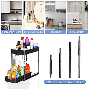 2 Pack Under Sink Organizers and Storage, 2 Tier Black Bathroom Cabinet Organizer with 4-Height Adjustable Telescopic Tube,4 Removable Dividers,4 Hooks,1 Cup,Bathroom Under Sink Organizer for Home