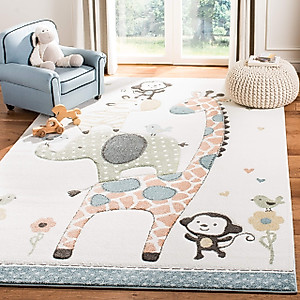 SAFAVIEH Carousel Kids Collection Area Rug - 4' Square, Ivory, Animal Design, Non-Shedding & Easy Care, Ideal for High Traffic Areas for Boys & Girls in Playroom, Nursery, Bedroom (CRK120A)