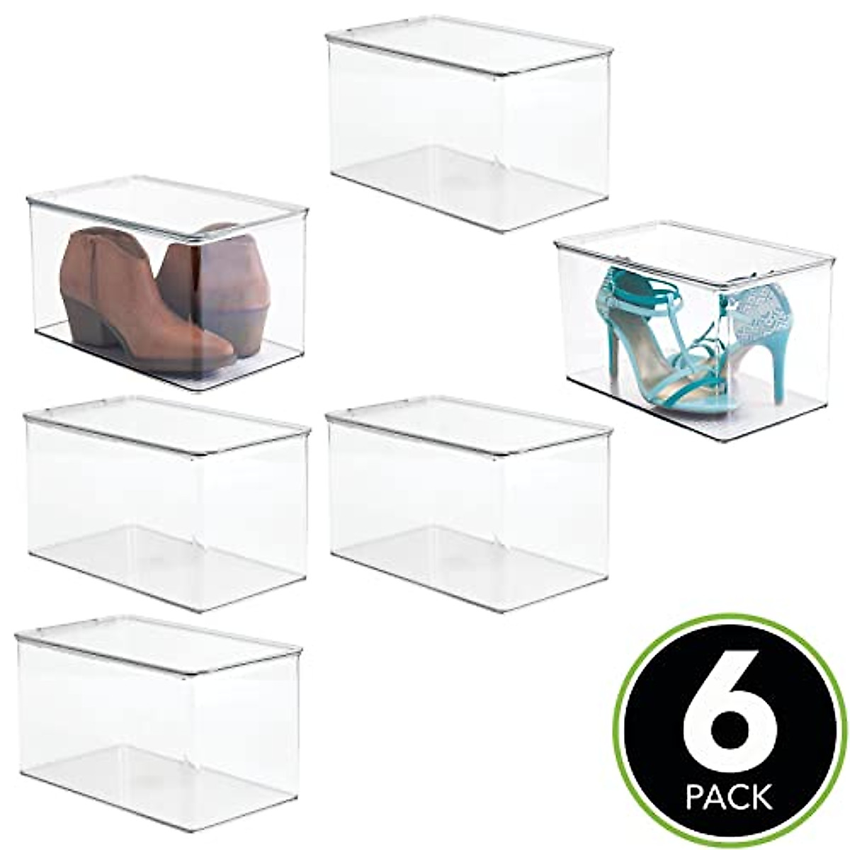mDesign Stackable Plastic Closet Storage Container Bin Box with Hinge Lid for Organizing Shoes, Booties, Pumps, Sandals, Wedges, Flats, Heels - Lumiere Collection - 6 Pack - Clear