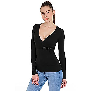 AmélieBoutik Women V Neck Crossover Buckle Long Sleeve Pullover Sweater (Black Medium)