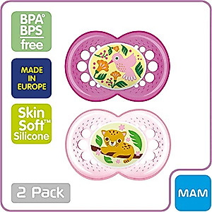 MAM Original Baby Pacifier, Nipple Shape Helps Promote Healthy Oral Development, Sterilizer Case, 2 Pack, 6-16 Months, Crystal/Girl. 6-16- (Pack of 2)