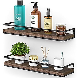Meangood Floating Shelves Wall Mounted Set of 2, Rustic Wood Wall Storage Shelves for Bedroom,Living room,Bathroom, Kitchen Brown