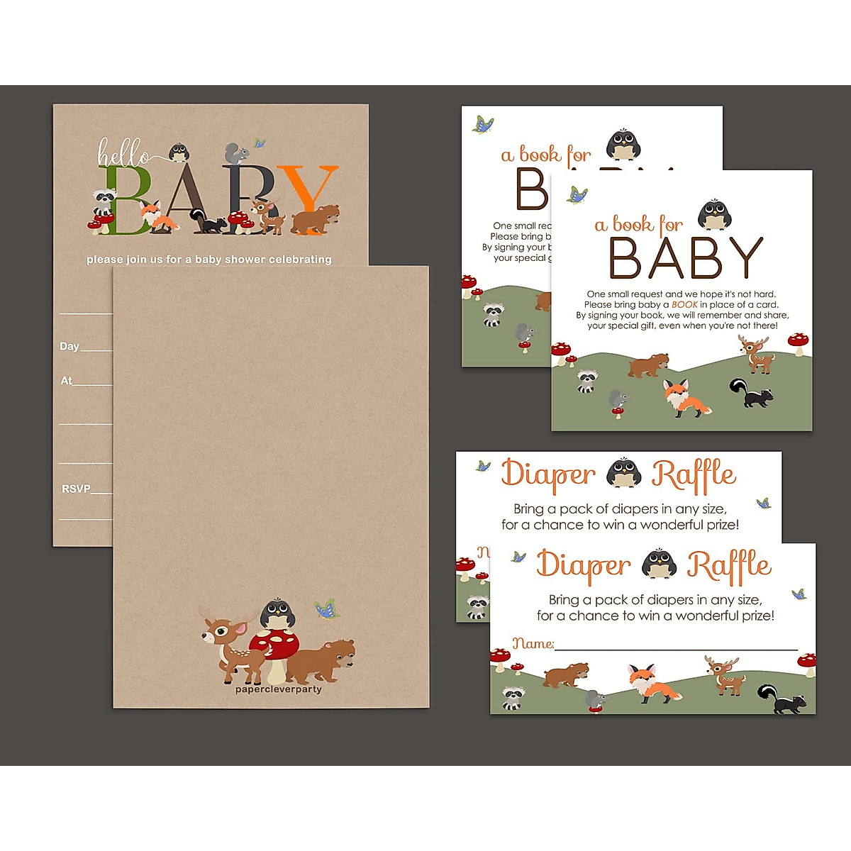 Paper Clever Party Woodland Invitation Kit for Baby Shower, Set Includes Blank Invites with Envelopes, Diaper Raffle Tickets and Bring a Book Cards, 25 of Each Design