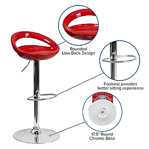Flash Furniture Wilson 2 Pack Contemporary Red Plastic Adjustable Height Barstool with Rounded Cutout Back and Chrome Base