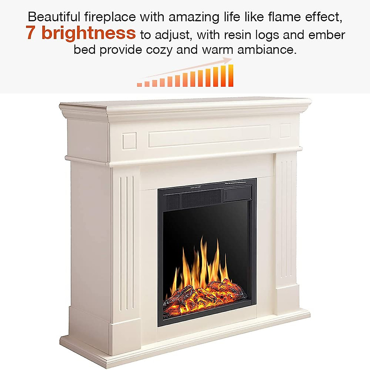 Joy Pebble 36'' Wood Electric Fireplace Mantel Package Freestanding Heater Corner Firebox with Log Hearth and Remote Control,750-1500W (Ivory White)