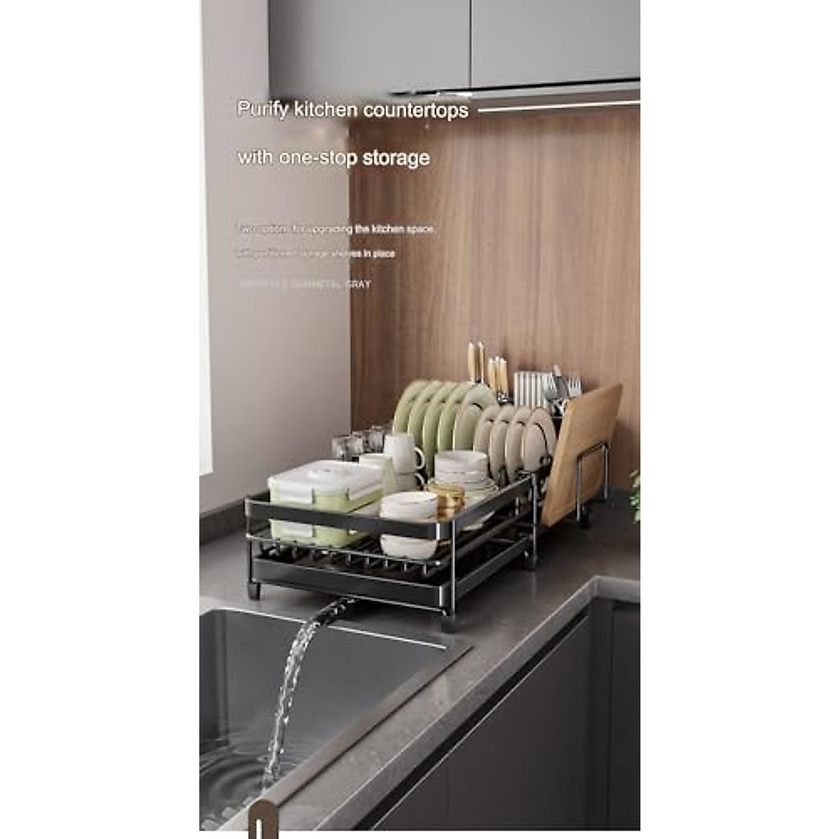 Taqargzy Dish Drying Rack Large Dish Drying Rack with Drainboard Set, Extendable Dish Rack, Utensil Holder, Cup Holder, Expandable Dish Drainer for Kitchen CounterCup Holder,(Black1)