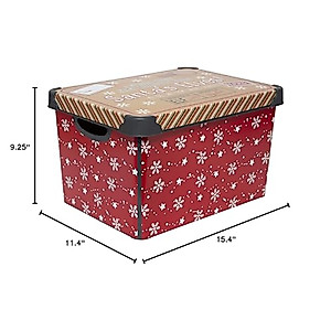 Simplify Santa’s Elves and Snowflake Design Storage Bin | Christmas Tote | Holiday Décor Decorations Organizer | Lidded | Stackable | Red