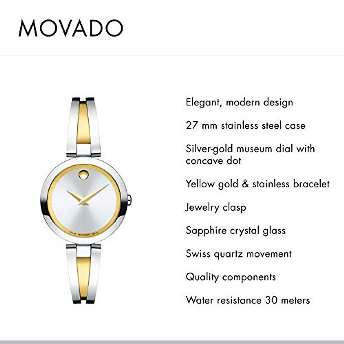 Movado Women's Aleena Two-Tone Watch with a Concave Dot Museum Dial, Gold/Silver (Model 607150)