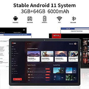Android 11 Tablet 10inch Phablet, Large Storage 64GB Tablets Dual Stereo Speakers 512GB Expand, Octa-core Processor 3GB RAM 6000mAh Big Battery 10.1'' IPS HD Screen Google Tableta Tab