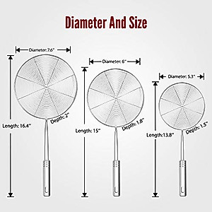 Hiware Extra Large Spider Strainer Skimmer Spoon for Frying and Cooking - Set of 3 Stainless Steel Wire Pasta Strainer with Long Handle, Professional Kitchen Skimmer Ladle - 13.8", 15" & 16.4"