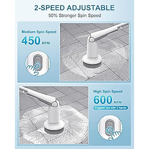 600RPM Electric Spin Scrubber, BIUBLE Cordless Cleaning Brush with Adjustable Long Handle, 5 Upgrade Replaceable Brush Heads & Velcro, Bathroom Shower Cleaning Scrubber for Bathtub Grout Tile Floor