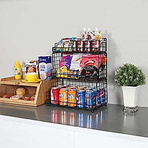 X-cosrack Stackable Wire Basket 3 Tier Countertop& Wall Mounted Metal Storage Basket for Kitchen Pantry Cabinet, Muti-functional Open Front Bin Organizer for Food Fruit Snack, Black