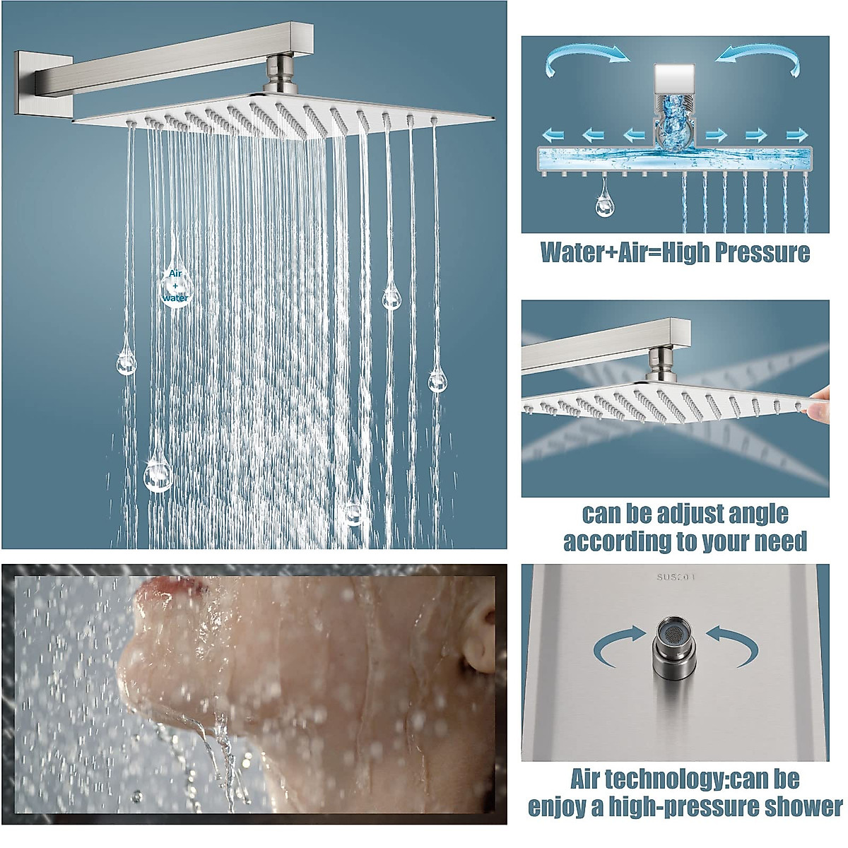 Aolemi Rainfall Shower System 12 Inch Shower Head Brushed Nikcel Combo Set with Handheld Shower Rough-In Valve Included Wall Mount Bathroom Shower Mixer Faucet