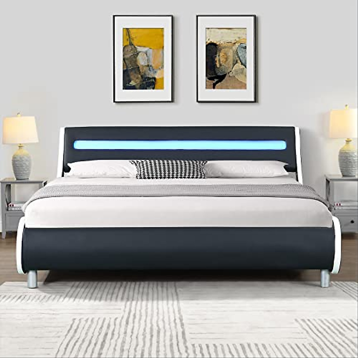 Queen Size Faux Leather Upholstered Platform Bed Frame with LED Lighting, Curve Design, Wood Slat Support, No Box Spring Required, Simple Assembly for Boys Girls Teenagers and Adults, Black+White