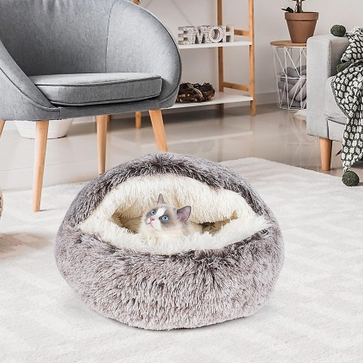 Qianchilang Cat Beds & Dog Bed with Cover Cave, Dog Beds for Small Dogs, Round Soft Plush Donut Calming Pet Bed for Indoor Cats or Small Dog, Washable Puppy Bed with Non-Slip Bottom-16inch