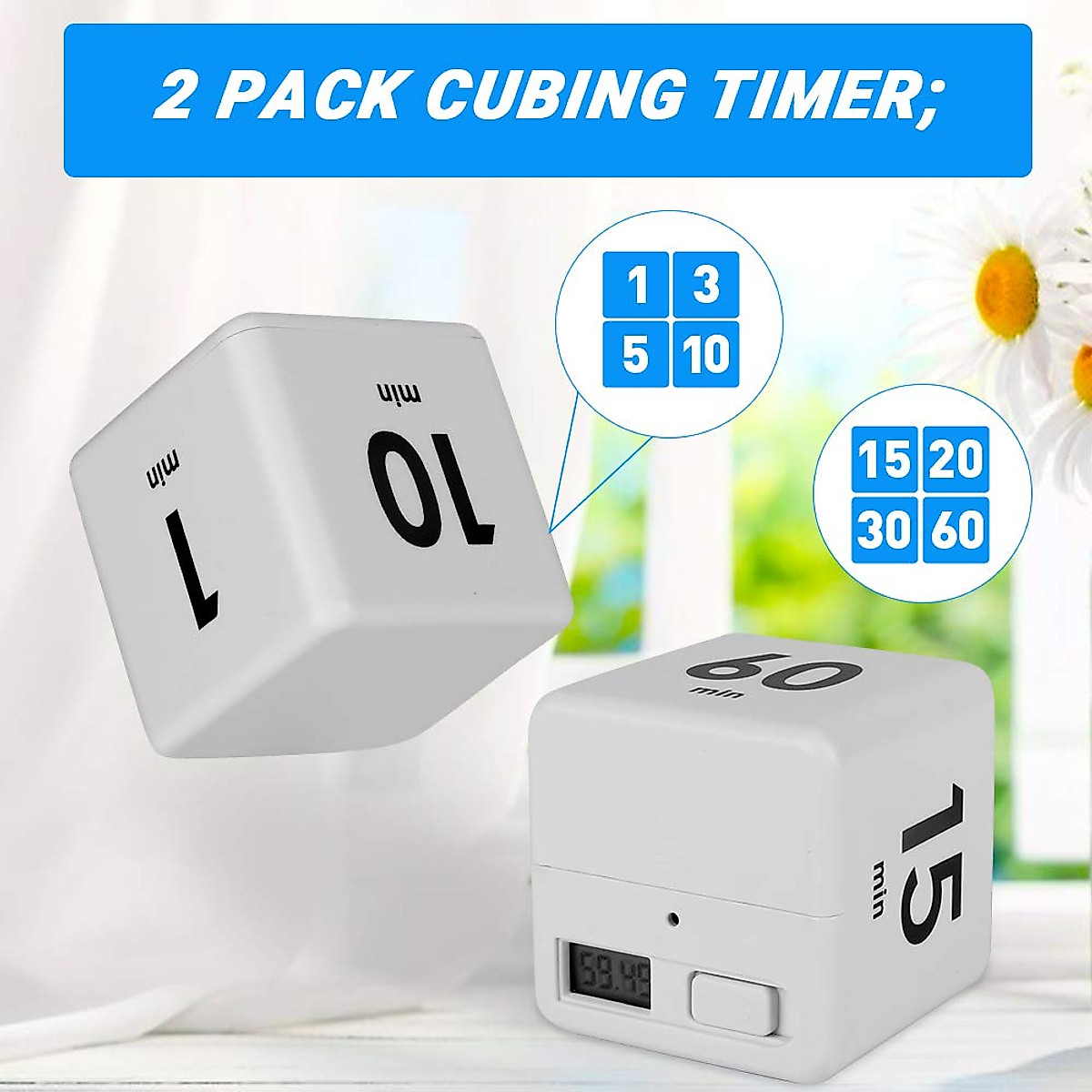 welltop Cube Timer, 2 Pack Kitchen Timer with 4 LED Light Alarm Kids Child Exercise Workout Gravity Sensor Flip Timer for Time Management and Countdown Settings (White - 1 3 5 10 and 15 20 30 60 min)