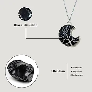Orgonite Shop Black Obsidian Moon Pendant Necklace, Feng Shui Black Obsidian Wealth Necklace Chakra Jewelry For Women, Self-Healing Handmade Black Obsidian Crystal Gemstone Necklace For Men