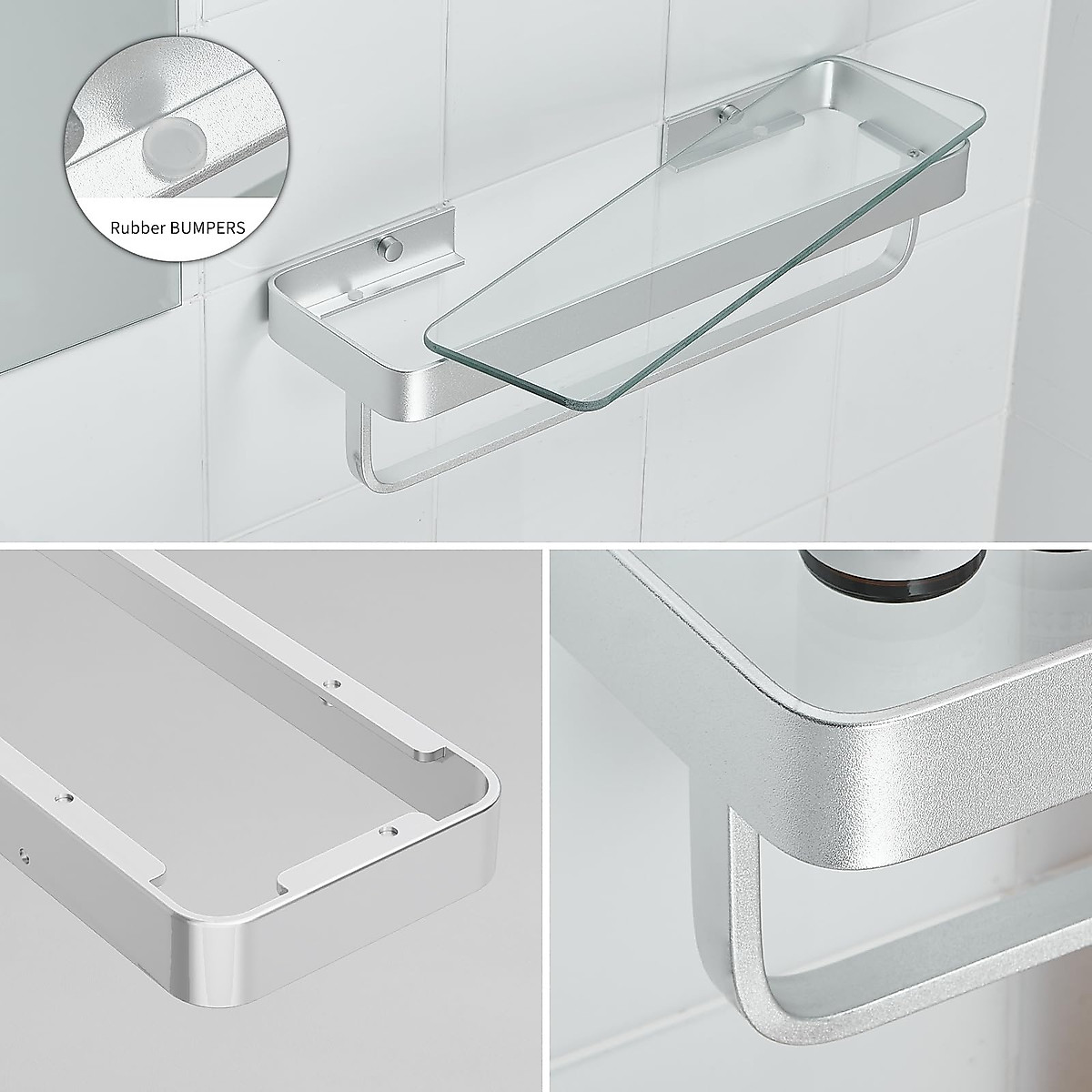 dancrul Bathroom Shelf Glass Bathroom Shelves Wall Mounted Rectangular Floating Shelves for Wall Decor Bathroom Organizer Matte Silver Set