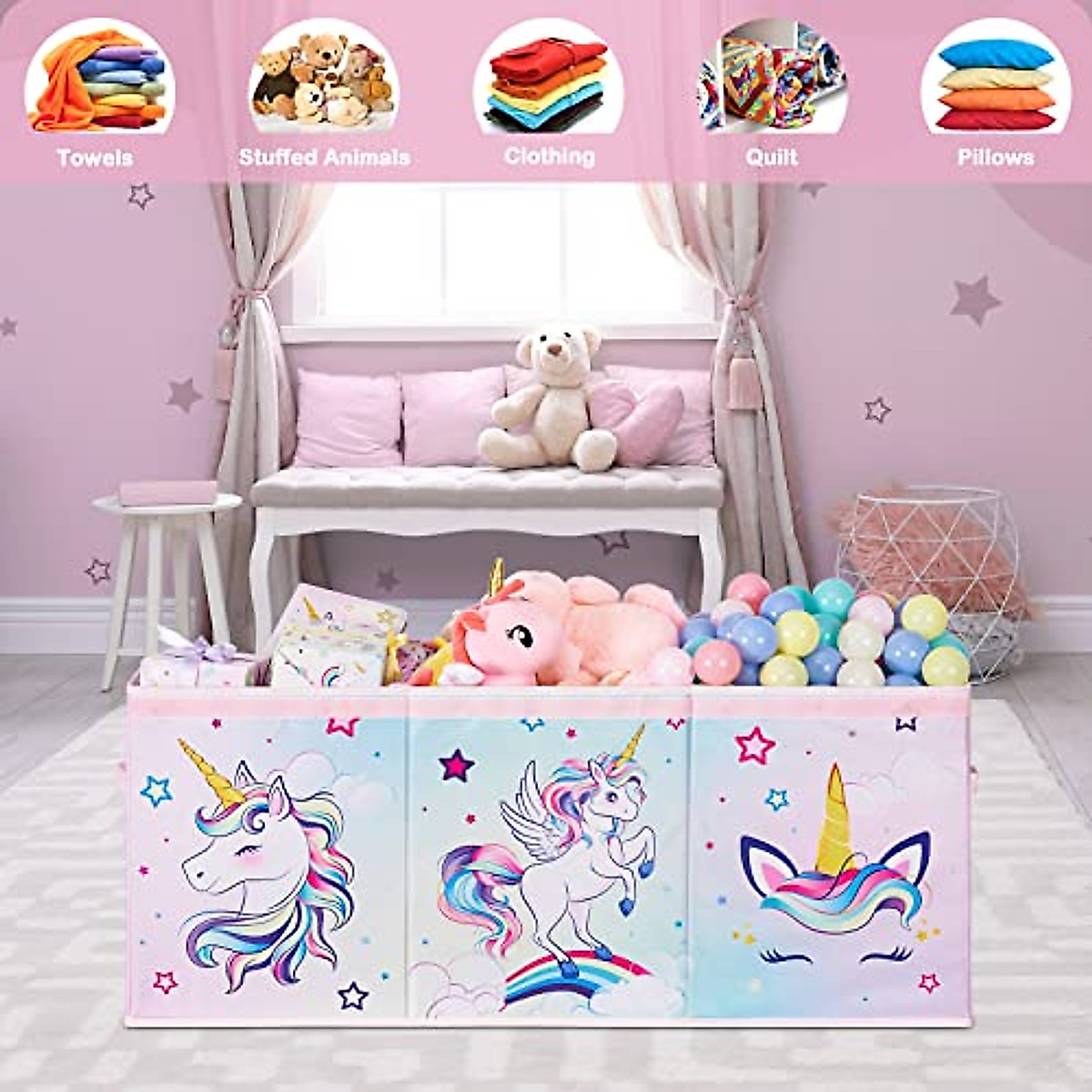 Unicorn Toy Box Chest – Large Toy Chest Organizer with Flip-Top Lid Collapsible Sturdy Storage Bin with Handles 38 x 13 x 16 Inch for Kids Girls Pink Closet Nursery Living Room Bedroom Playroom