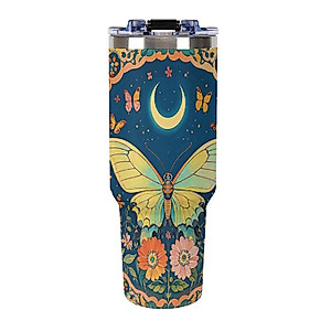 FZQVSGW Butterfly Flower Tapestry 40 Oz Tumbler with Handle And Straw Stainless Steel Vacuum Insulated Tumblers Reusable Keep Drinks Cold Coffee Cup Holder Friendly Gifts for Women Men Car Gym Travel