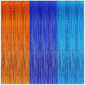 Blue and Orange Foil Fringe Curtains, Blue Orange Dog Birthday Party Supplies Blue Orange and Light Blue Streamer Backdrop Tinsel Photo Booth Prop for Blue Orange Dog Party Decoration (3Pack)