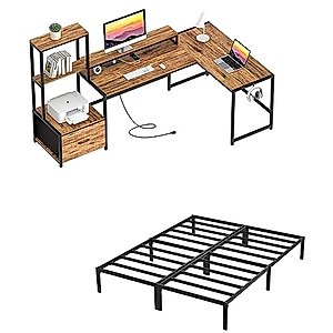 GreenForest 70 in L Shaped Desk with Drawers and Printer Stand and Queen Size Bed Frame Easy Quick Assembly