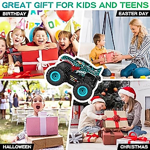 DYODYORC Remote Control Car, 2.4Ghz All Terrain Dinosaur Monster Truck Toys, RC Truck with Music, 3 Lighting Effects, 360 Stunt Capable, All Included Ready to Run, Toy Gifts for Boys and Girls (Cyan)