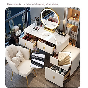 Makeup vanity with Stool, Dressing Table Large Capacity Drawer, Rock Slab desktop Vanity table 3-Color Adjustable Touch Light, modern vanity desk mirror 360° swivelling ( Color : Grey+black , Size : 8