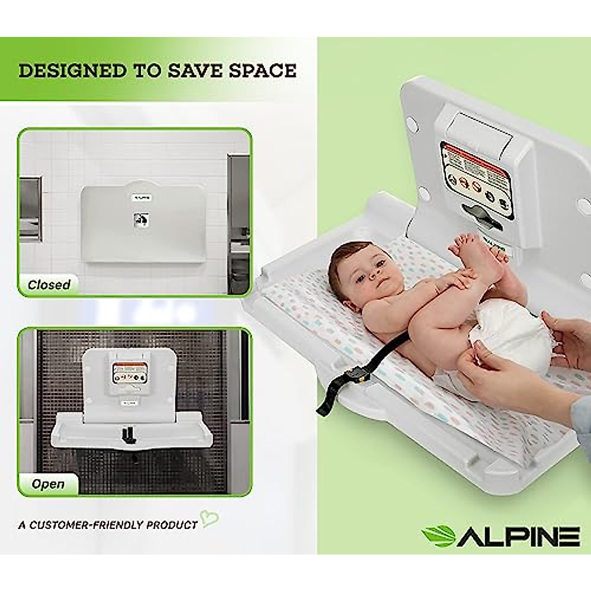 Alpine Wall Mounted Baby Changing Station - Horizontal Baby Changing Table Foldable Diaper Tables with Safety Strap for Commercial Bathroom, ADA Compliant (Hardware Included) White Gray