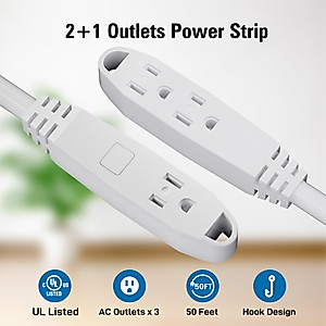 50-Feet 3 Outlet Extension Cord, Kasonic UL Listed, 16/3 SJTW 3-Wire Grounded, 13 Amp 125 V 1625 Watts, Multi-Outlet Indoor/Outdoor Use, White