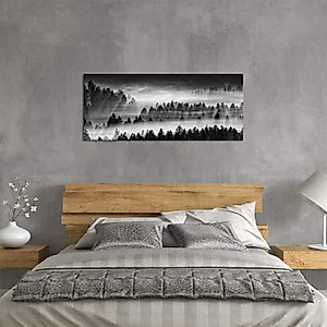 YeiLnm Forest Wall Art for Home Office Misty Pine Trees Foggy Forest Picture Painting Dramatic Dark Black and White Nature Photography Artwork Print on Canvas Home Office Bedroom Decor