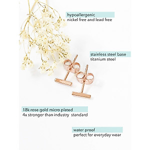 Altitude Boutique 18K Gold Plated Skinny Wire Midi Balance Bar Stud Earrings Hypoallergenic Long Bar Earrings in Gold, Rose Gold, or Silver | Delicate Jewelry (Rose Gold, 6mm)