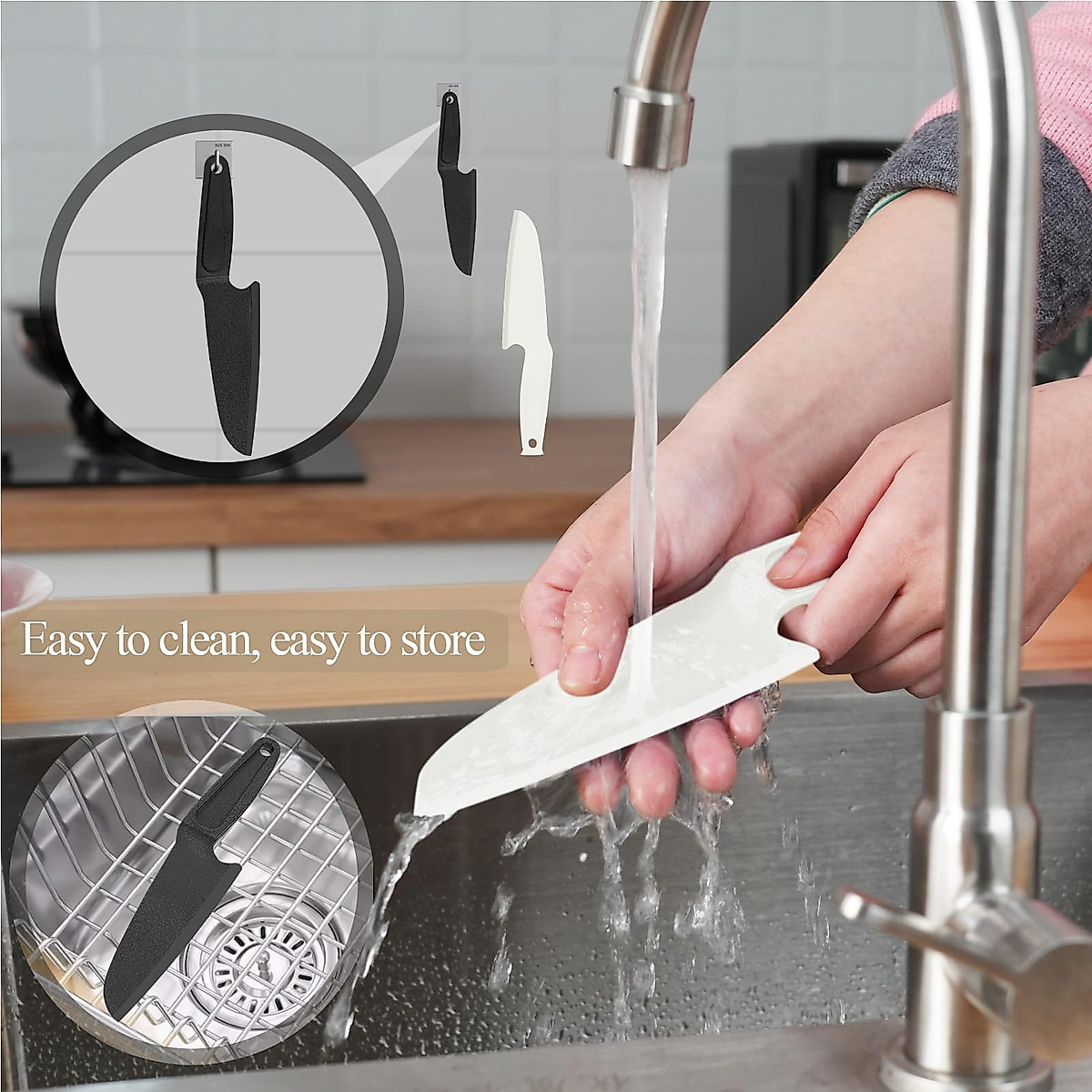 Nylon Knife Safe for Kids, Professional Lettuce Knife for Real Cooking, 428℉/220℃ Heat-resistant Plastic Knife for Nonstick Pans, Best as Bread Knife etc. (Round-base-White)