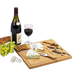 Picnic at Ascot Personalized Monogrammed Engraved Bamboo Cutting Board for Cheese & Charcuterie Platter- includes Knives, Ceramic Dish, & Cheese Markers - Designed and Quality Checked in USA
